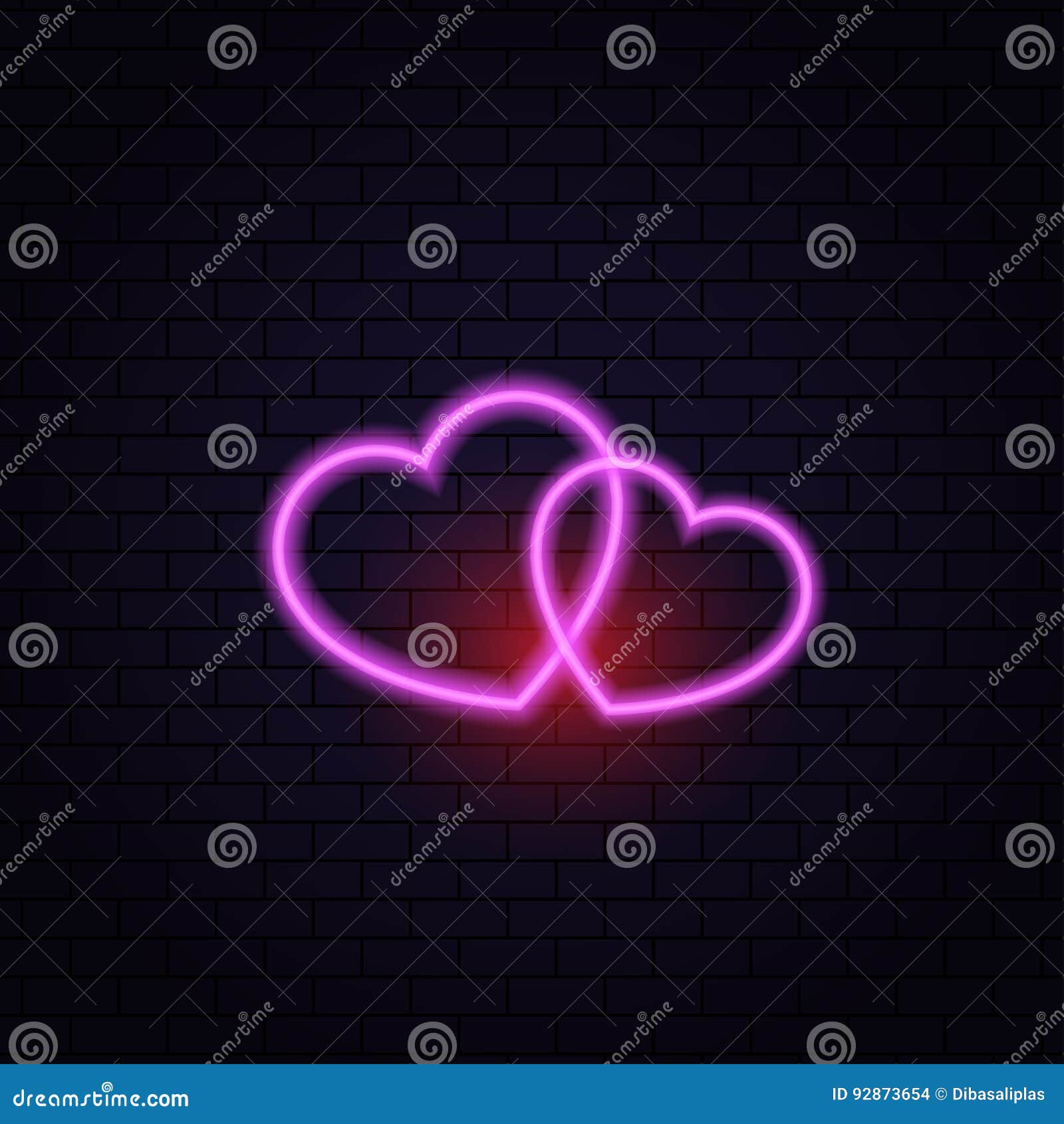 Two Hearts Neon Lamp Abstract on a Brick Background. Stock Vector ...