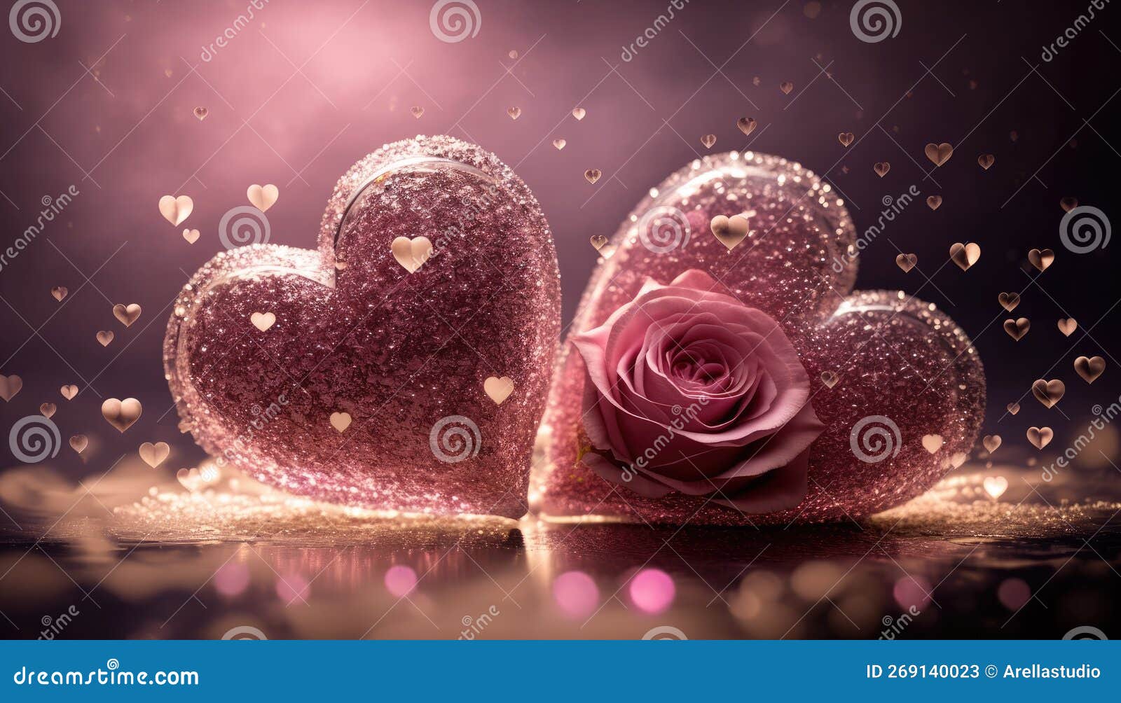Two Hearts on Pink Glitter with Roses in Shiny Blurry Background Stock ...