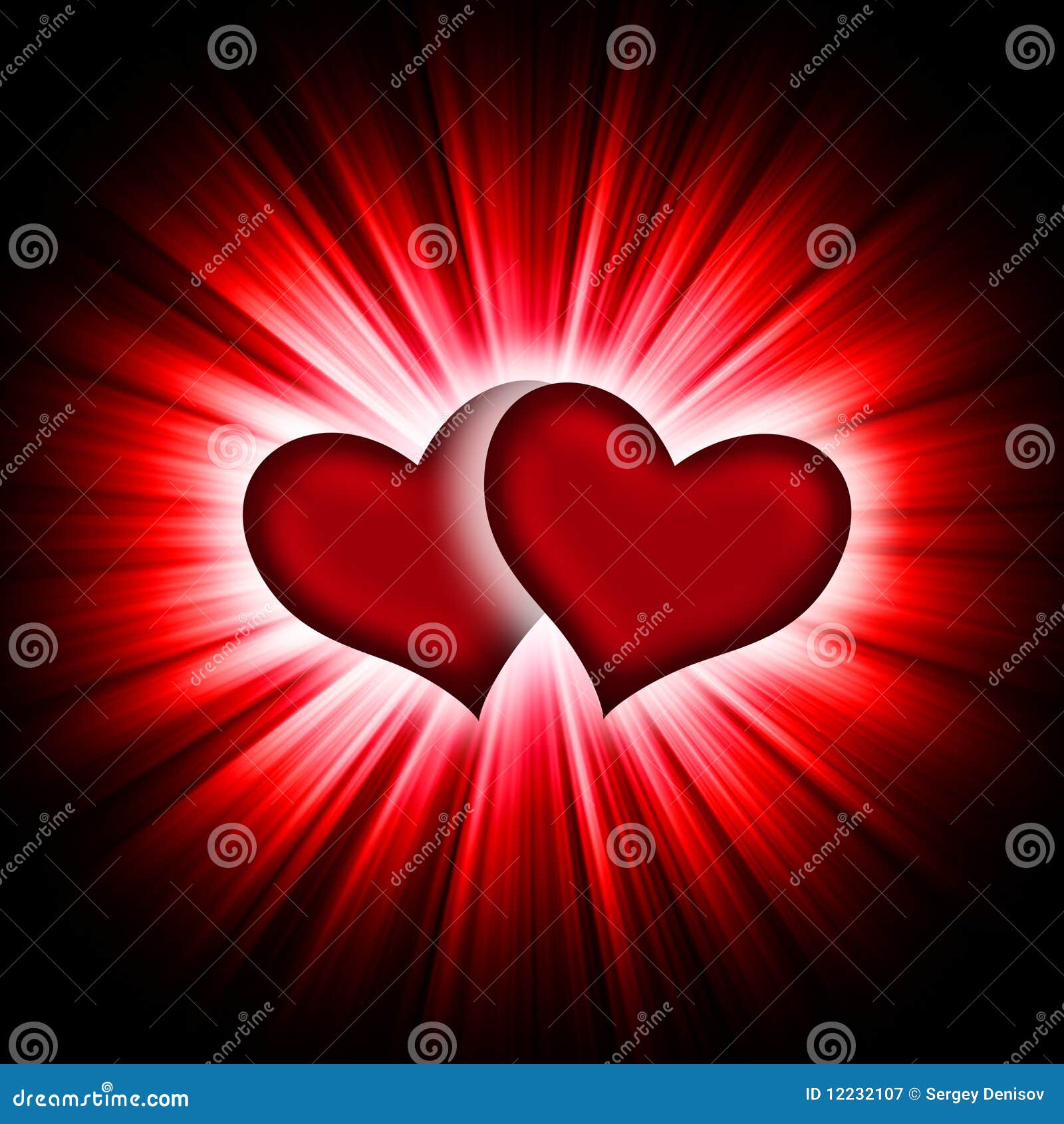 Two Hearts with Rays on a Black Stock Illustration - Illustration of ...