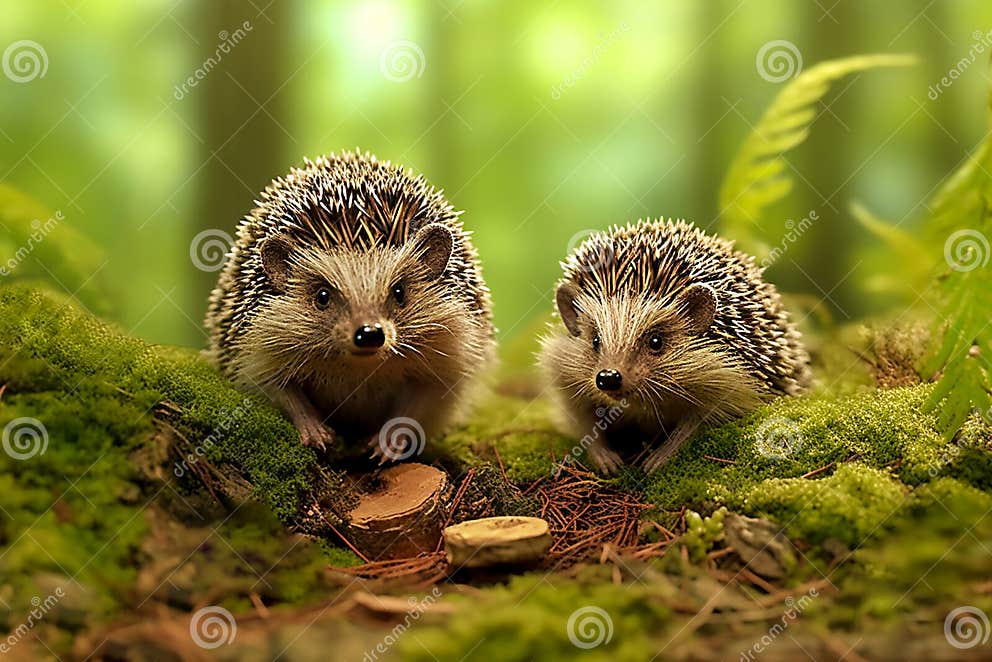 Two Hedgehogs Looking Forward in a Forest with Green Moss. Stock Photo ...