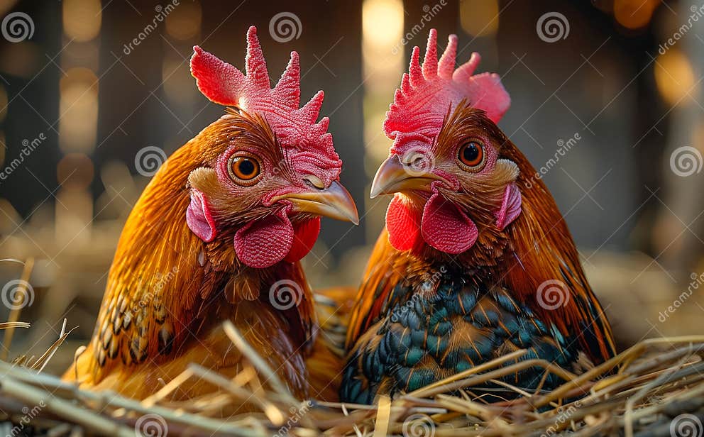 Two Hens in a Nest. Two Hens are Perched on a Nest of Hay, Facing Each ...