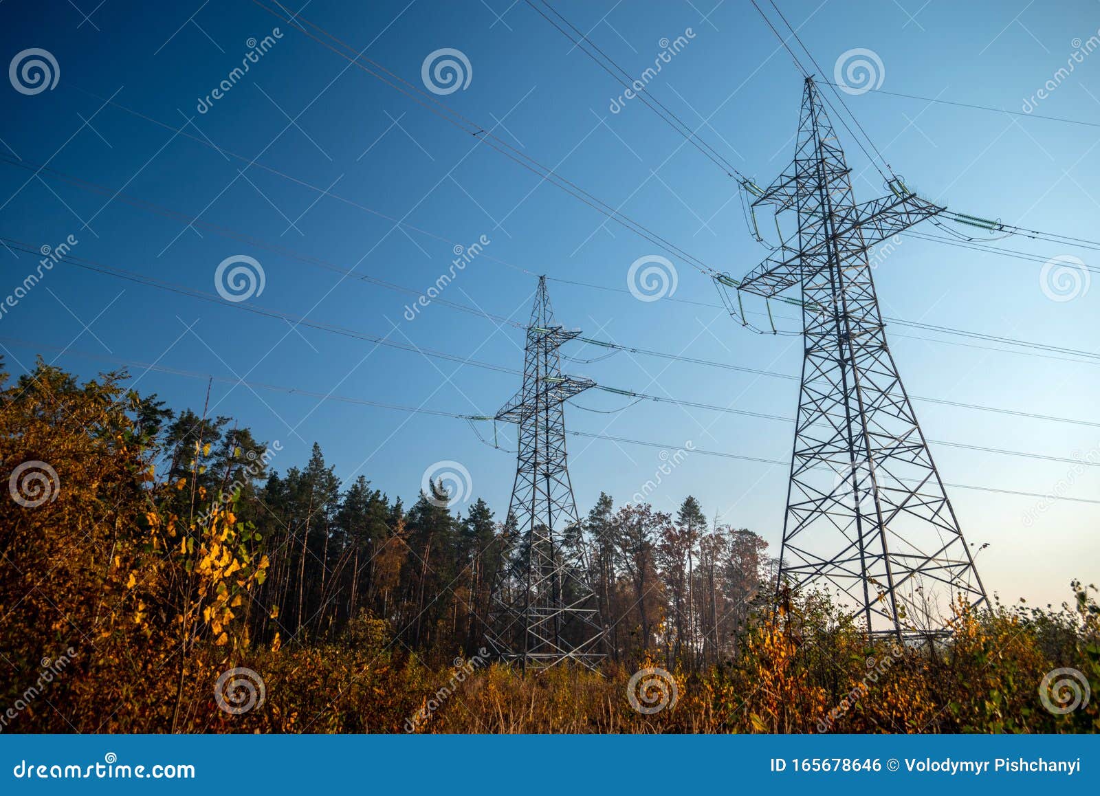 Two High Voltage Power Lines on a Background of a Forest Stock Photo ...