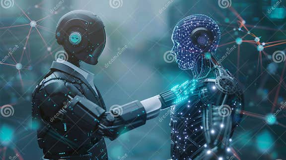 Two Highly Advanced Robots Interact in a Futuristic Environment ...