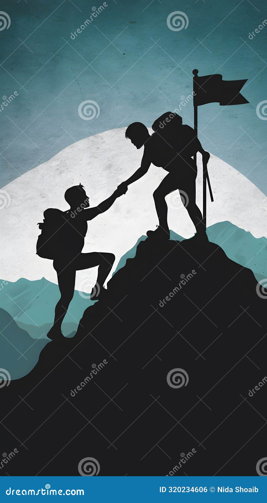 Two Hikers Conquer a Peak Together, One Extending a Helping Hand Stock ...