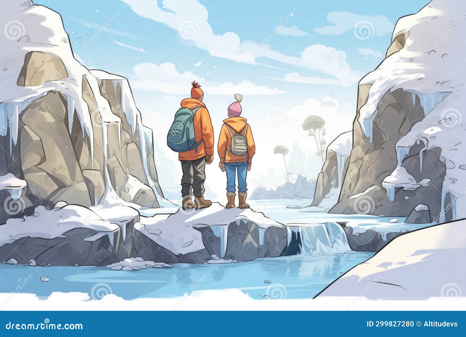 Two Hikers Looking at a Frozen Waterfall from a Distance Stock Photo ...