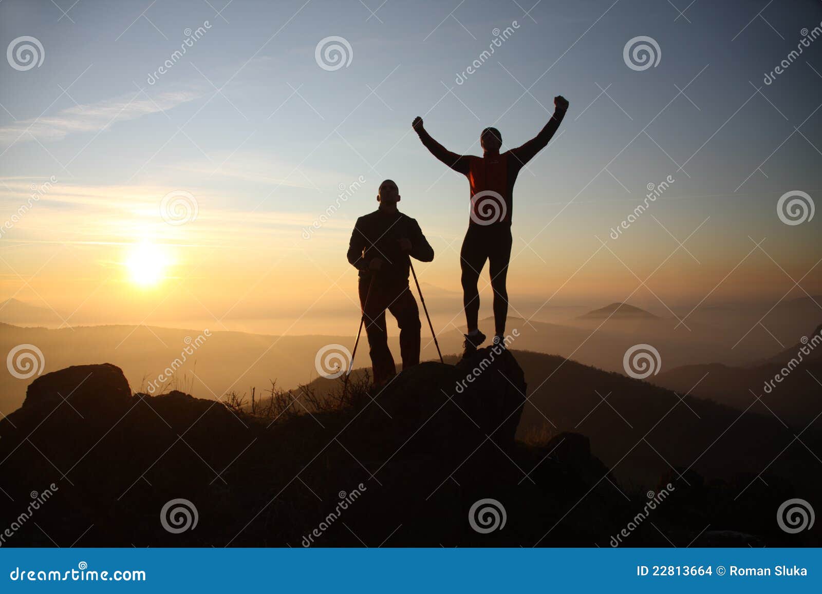 Two Hikers on the Mountain Top Stock Photo - Image of energy, dawn ...