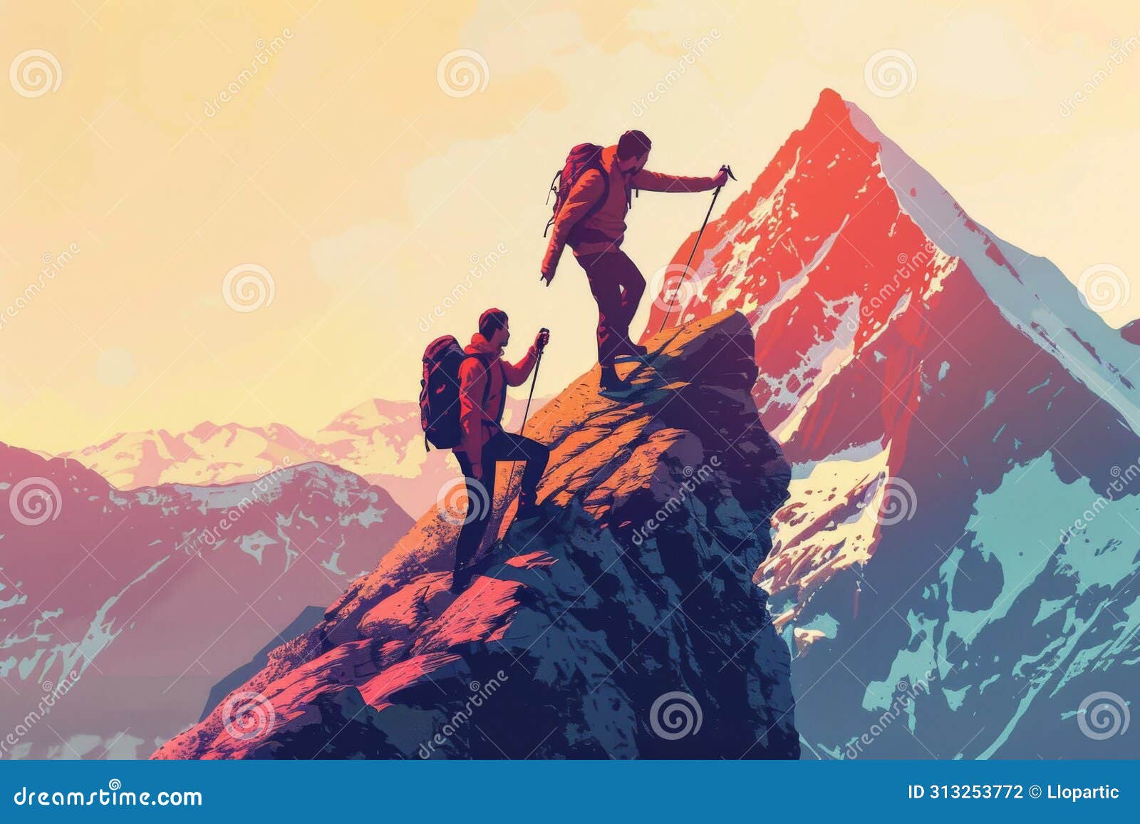 Two Hikers Reaching the Summit with a Vibrant Sunset Behind the ...