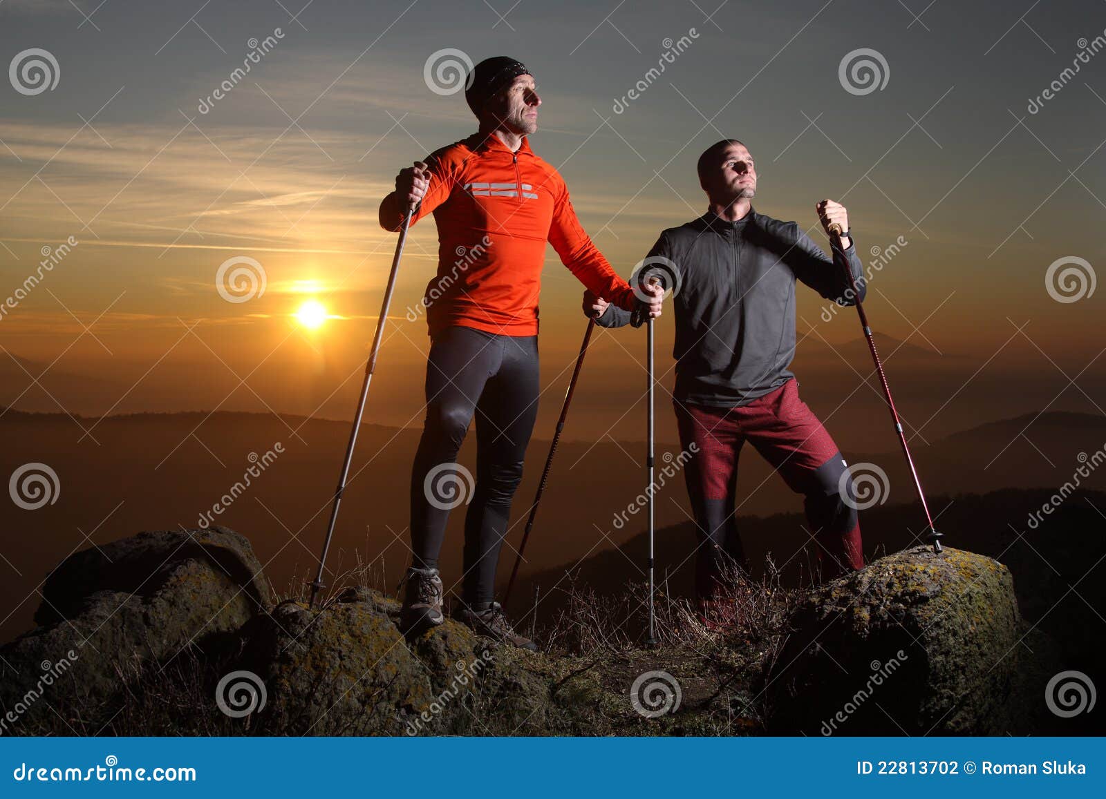 Two Hikers on the Top of the Hill Stock Photo - Image of beautiful ...