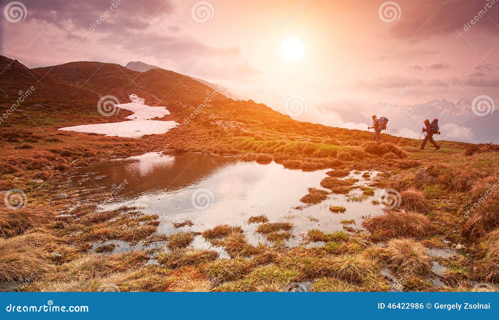 Two Hiking in the Mountains in Beautiful Morning at a Small Lake ...