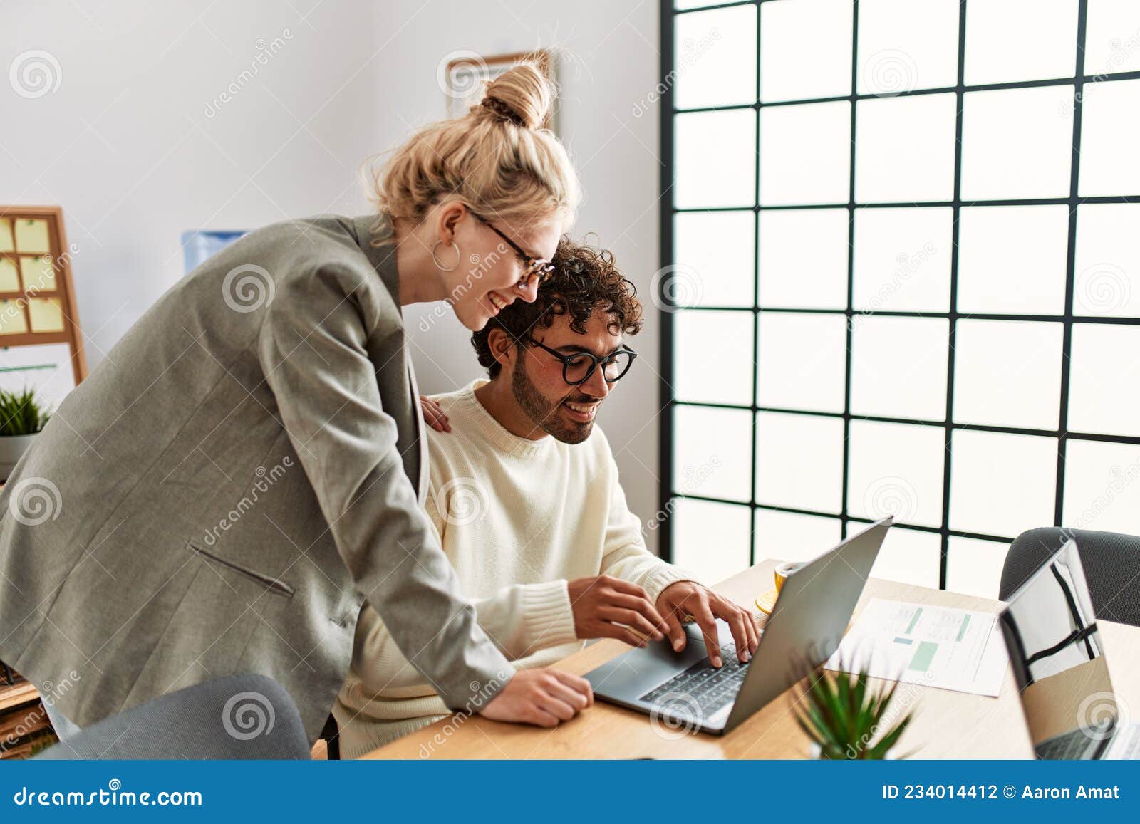 Two Hispanic Business Workers Smiling Happy Working at the Office Stock ...