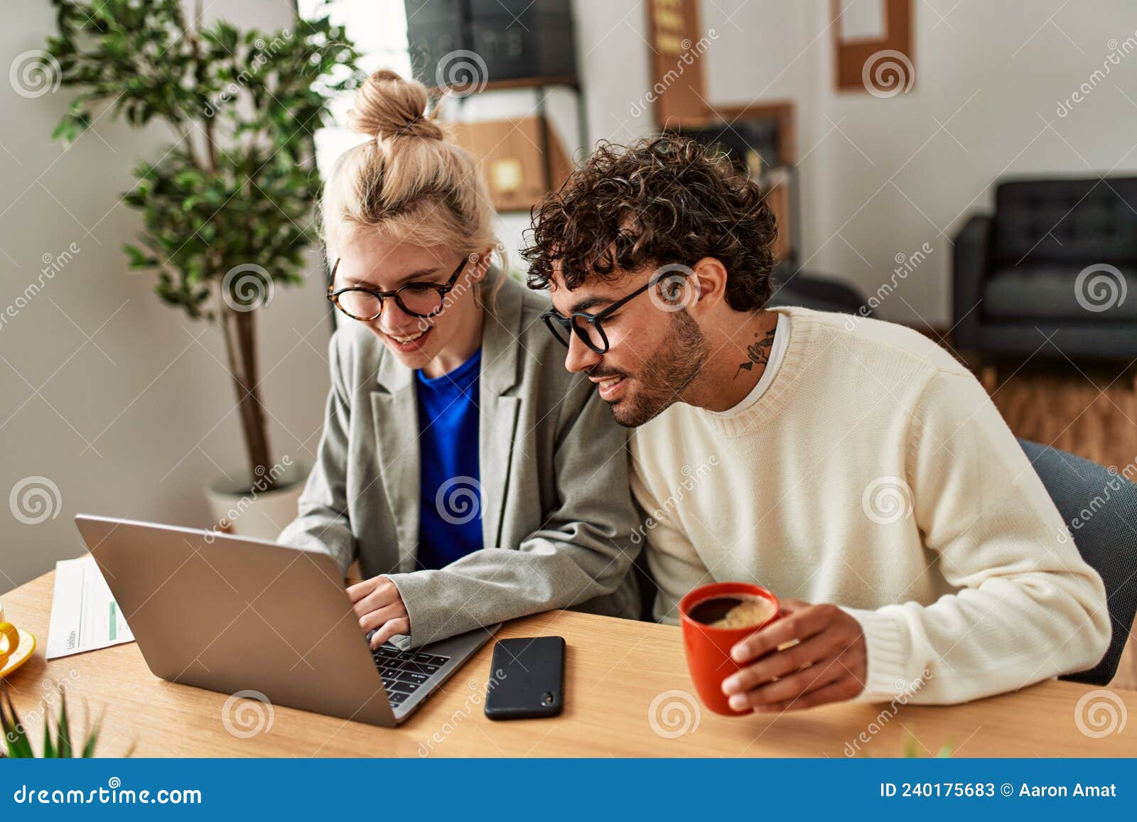 Two Hispanic Business Workers Smiling Happy Working at the Office Stock ...