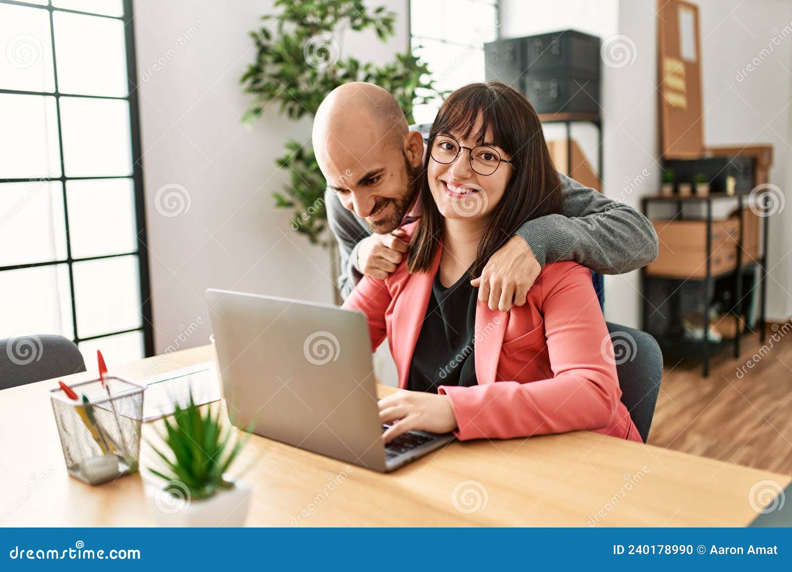Two Hispanic Business Workers Smiling Happy Working at the Office Stock ...