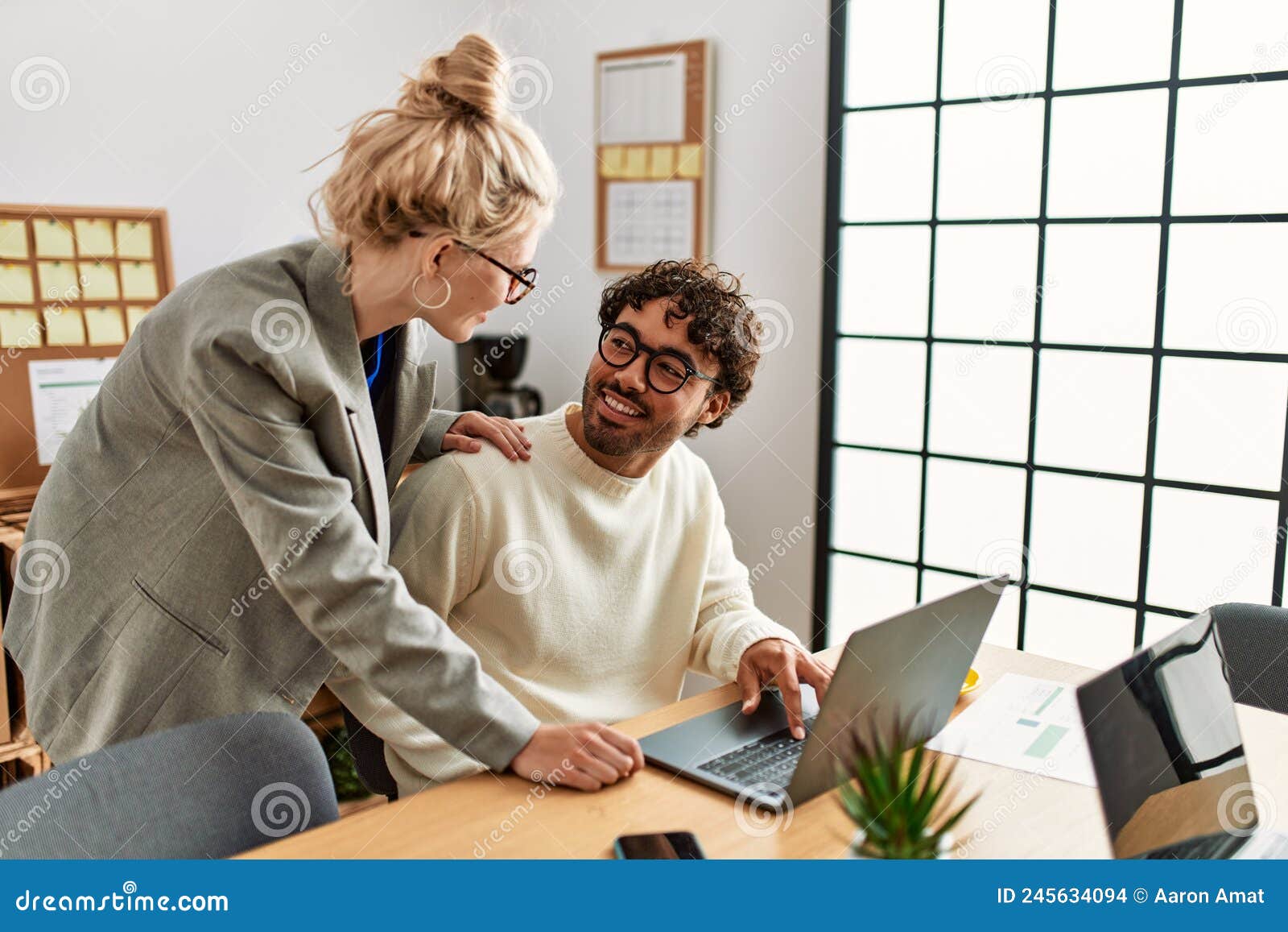 Two Hispanic Business Workers Smiling Happy Working at the Office Stock ...