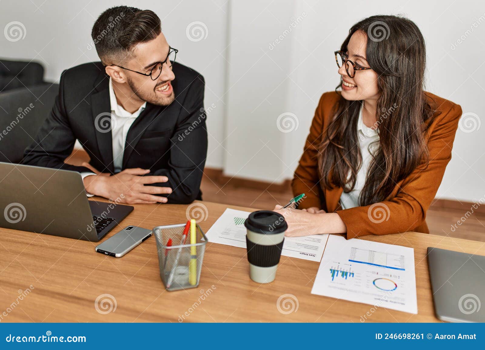 Two Hispanic Business Workers Smiling Happy Working at the Office Stock ...