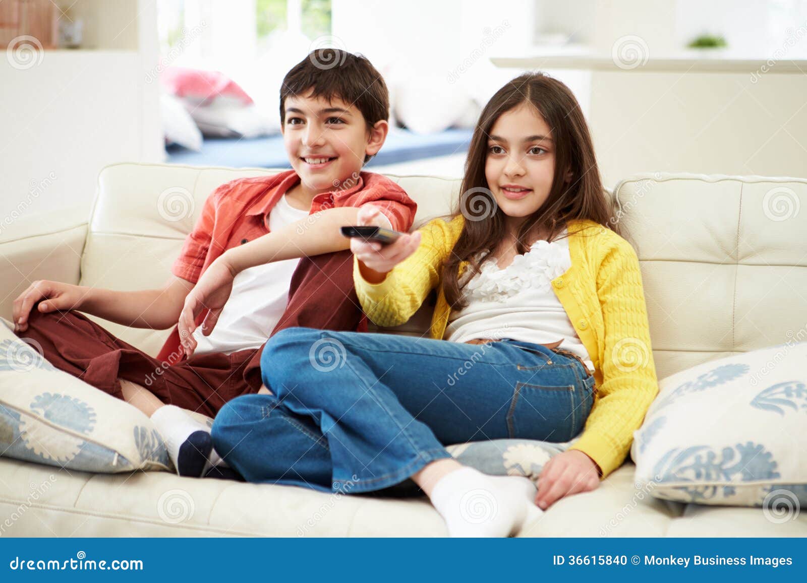 Two Hispanic Children Sitting on Sofa Stock Photo - Image of child ...