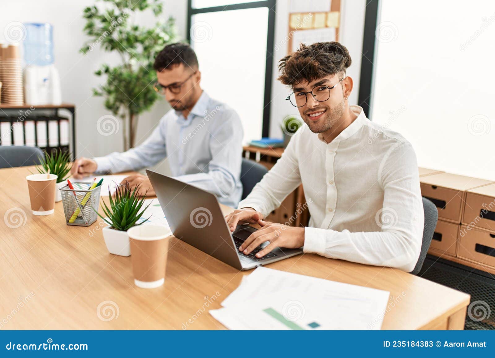 Two Hispanic Men Business Workers Smiling Confident Working at Office ...