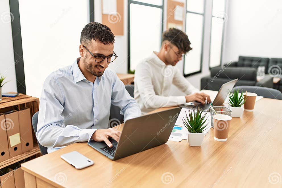 Two Hispanic Men Business Workers Smiling Confident Working at Office ...