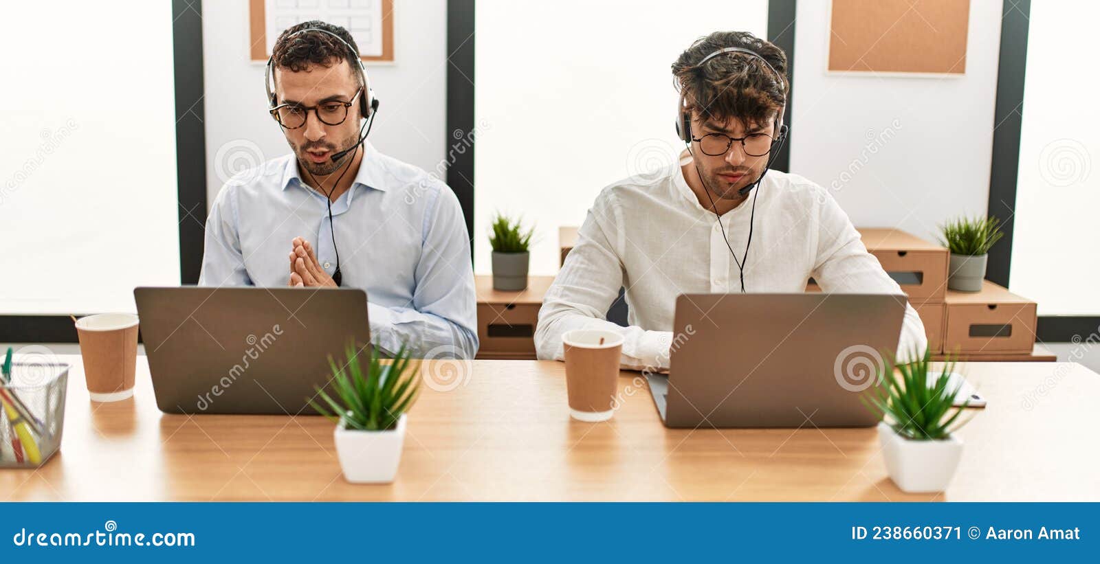 Two Hispanic Men Call Center Agents Smiling Confident Working at Office ...