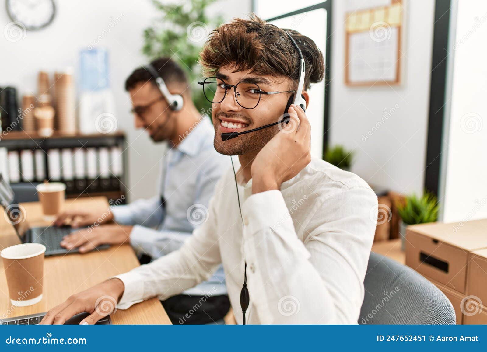 Two Hispanic Men Call Center Agents Smiling Confident Working at Office ...