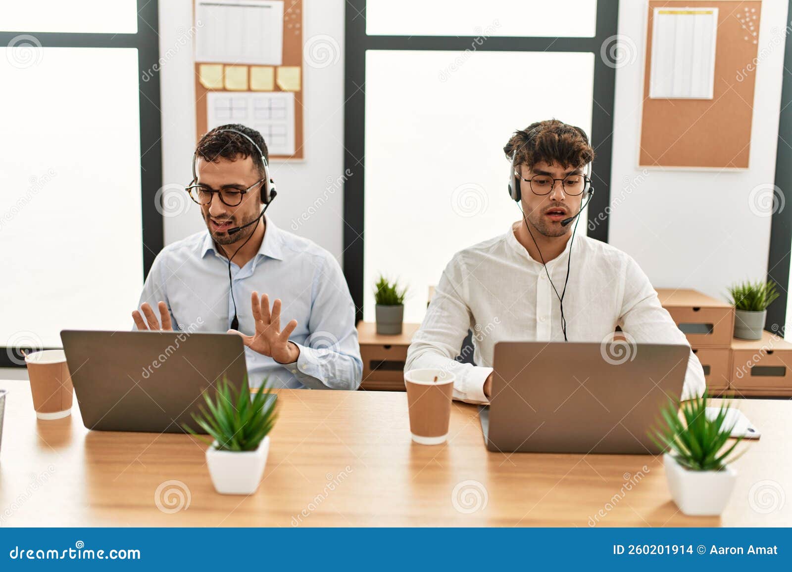 Two Hispanic Men Call Center Agents Smiling Confident Working at Office ...