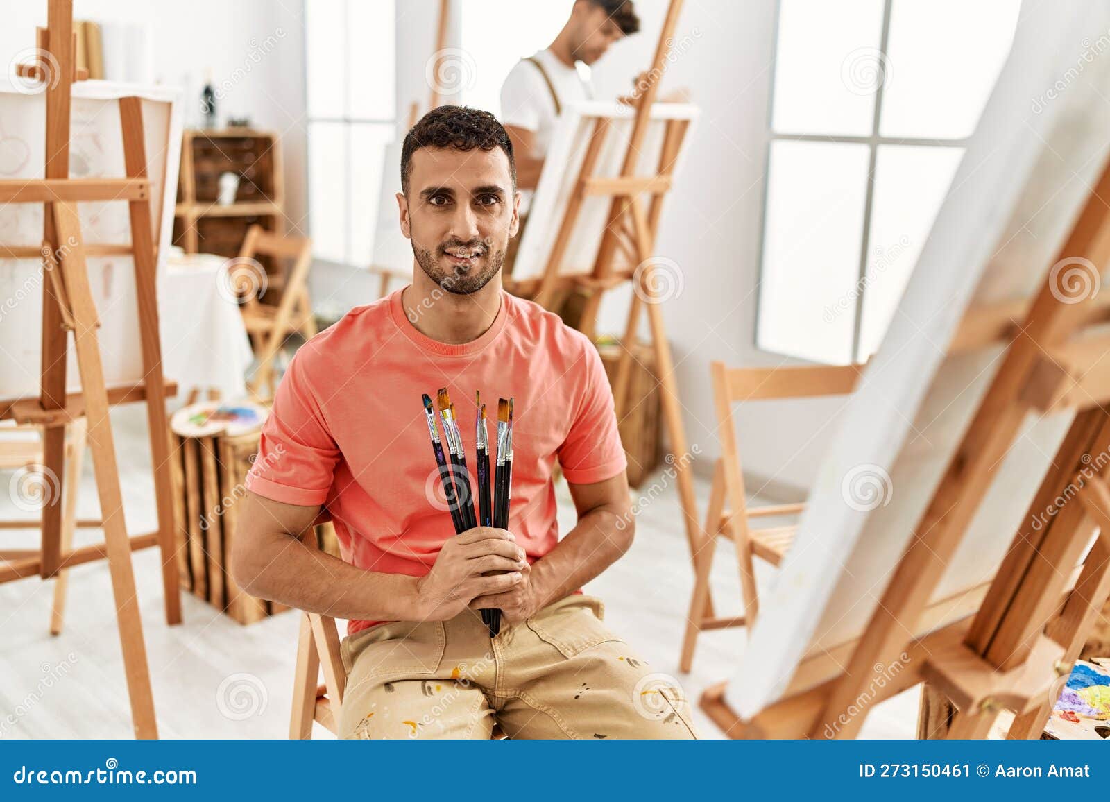 Two Hispanic Men Couple Smiling Confident Drawing at Art Studio Stock ...
