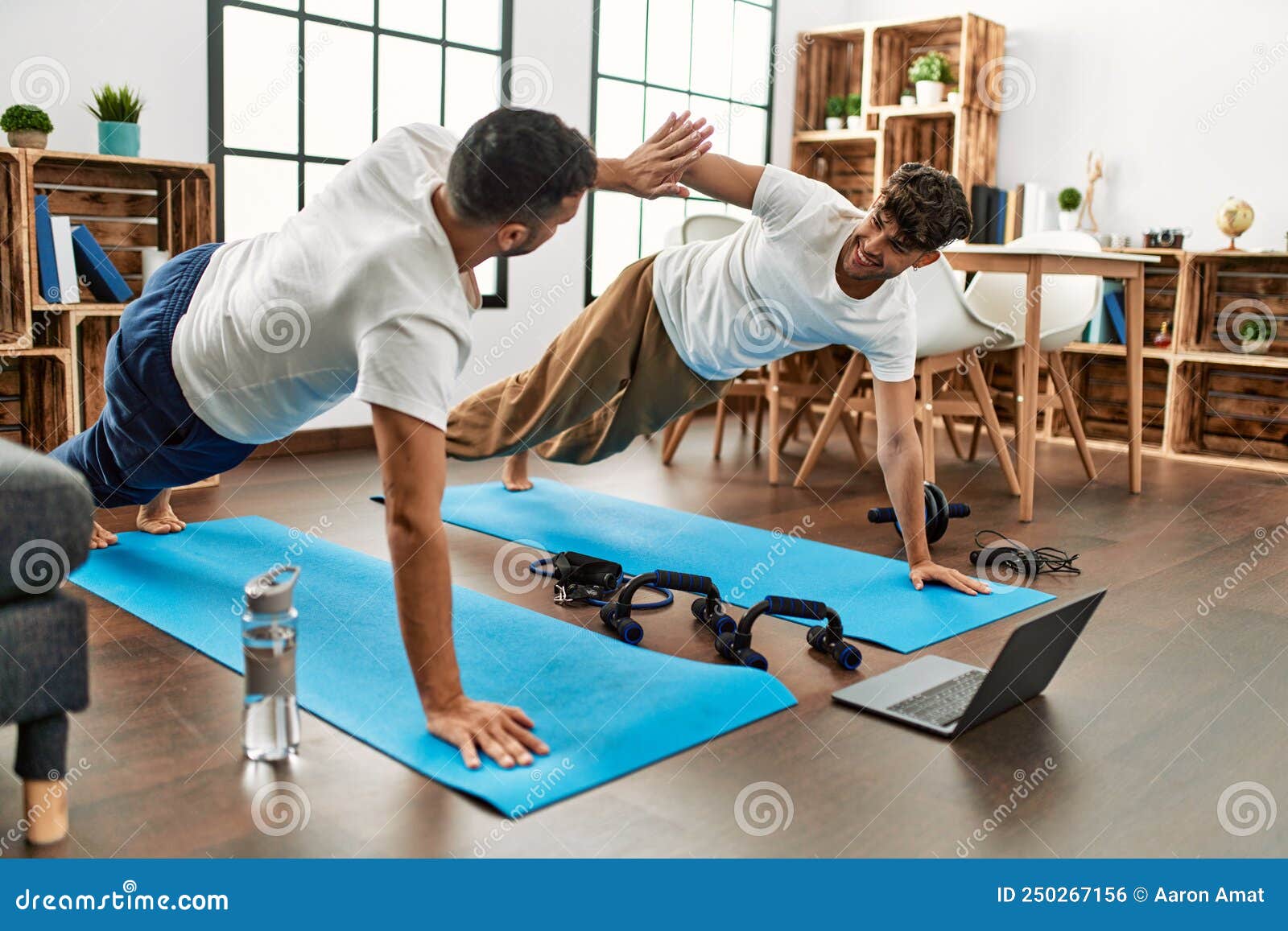 Two Hispanic Men Couple Smiling Confident Having Online Abs Exercise ...