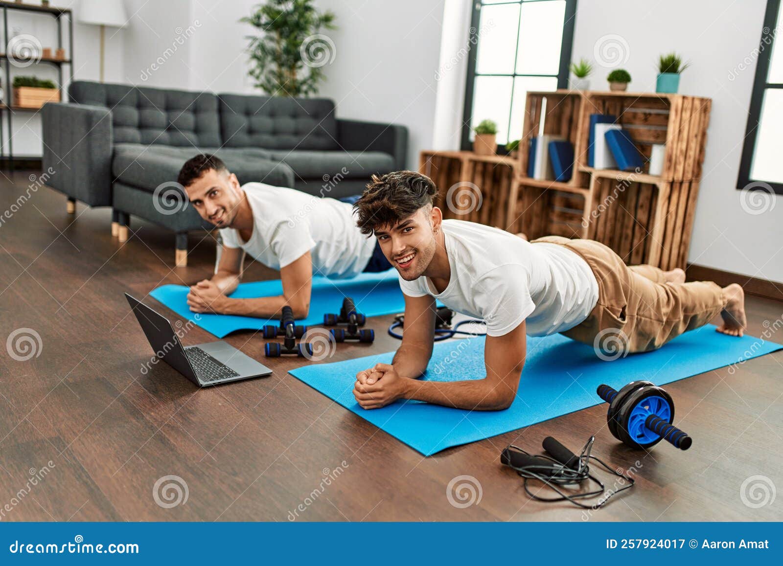 Two Hispanic Men Couple Smiling Confident Having Online Abs Exercise ...