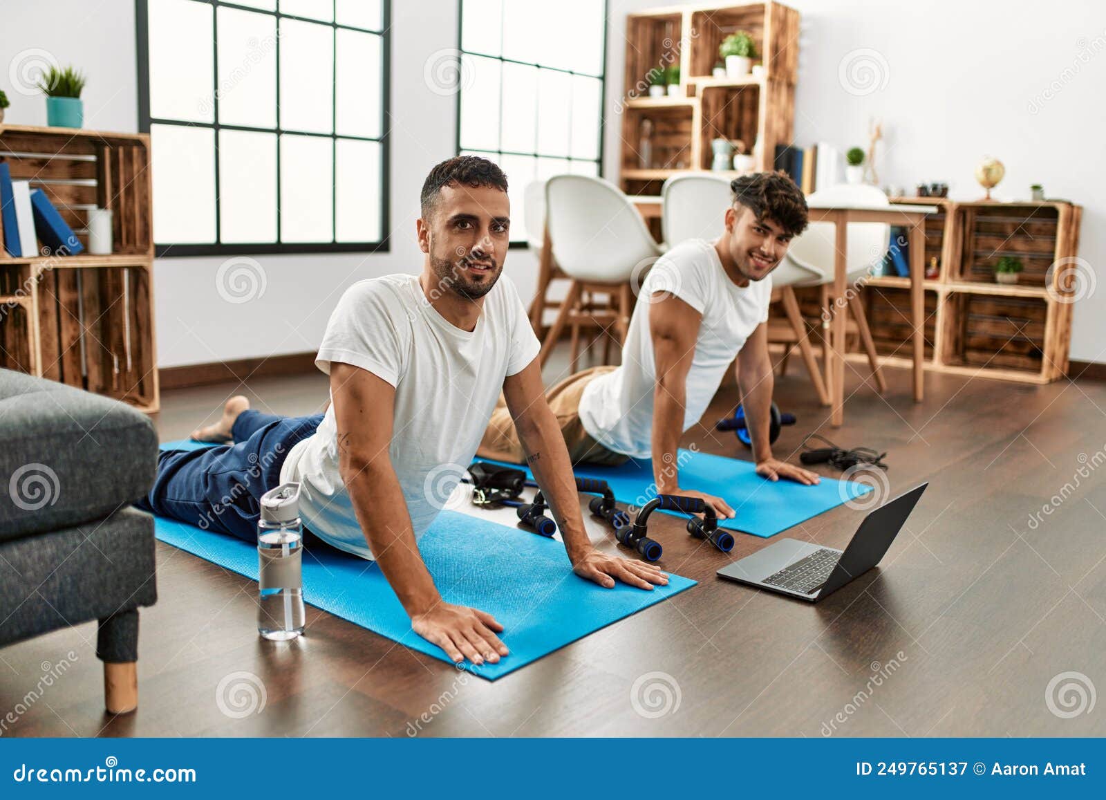 Two Hispanic Men Couple Smiling Confident Having Online Stretching ...