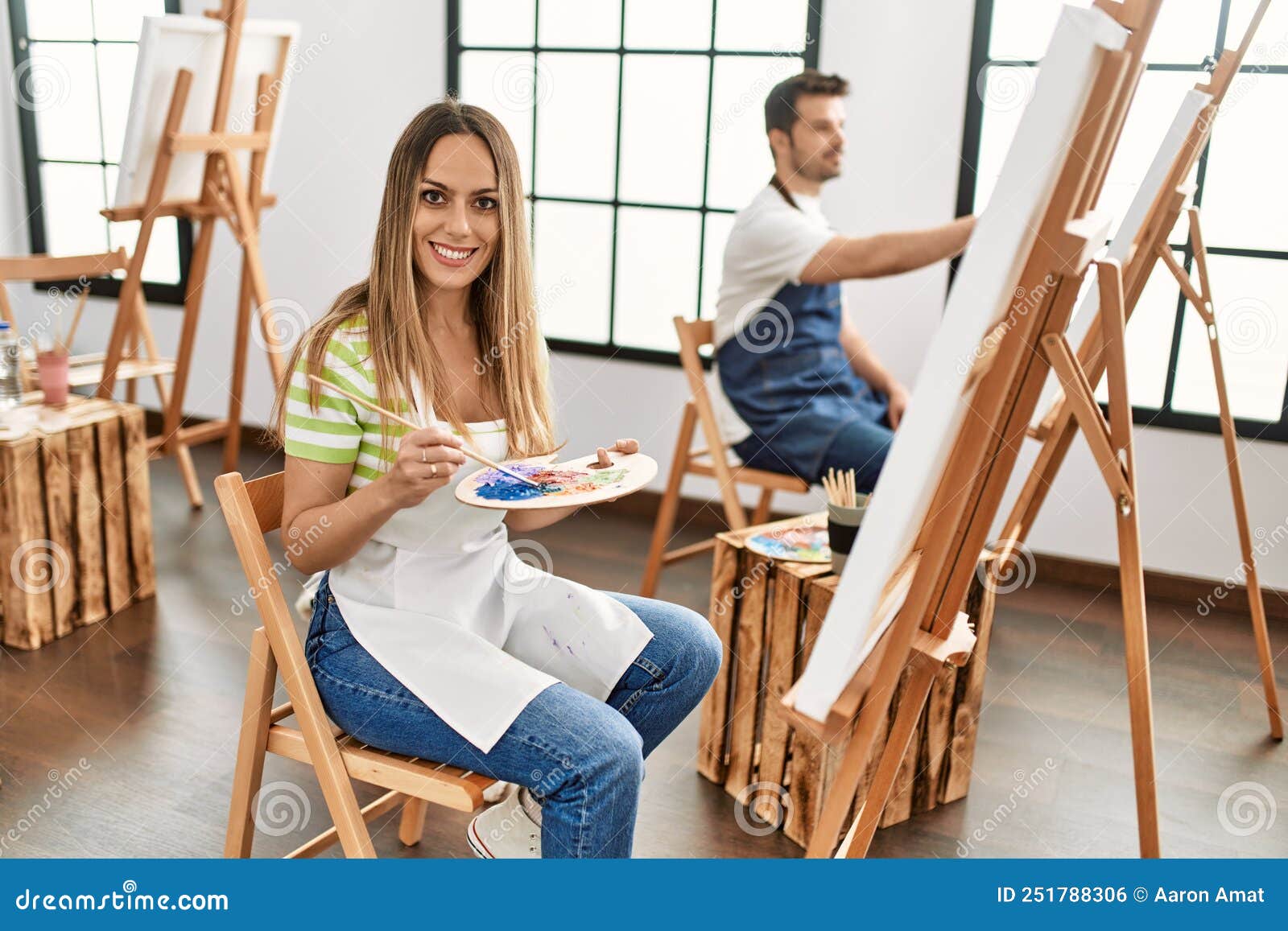 Two Hispanic Students Smiling Happy Painting at Art Studio Stock Photo - Image of academy ...