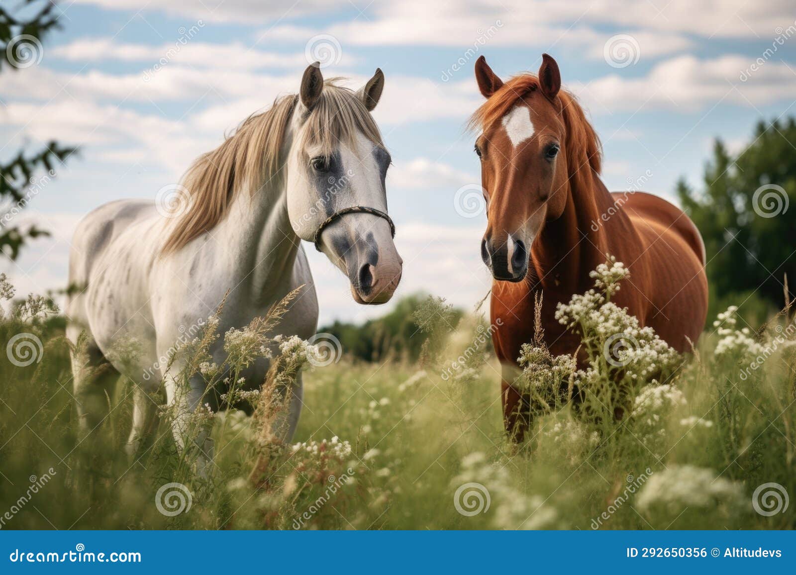 Two Horses Grazing Next To Each Other in a Meadow Stock Photo - Image ...