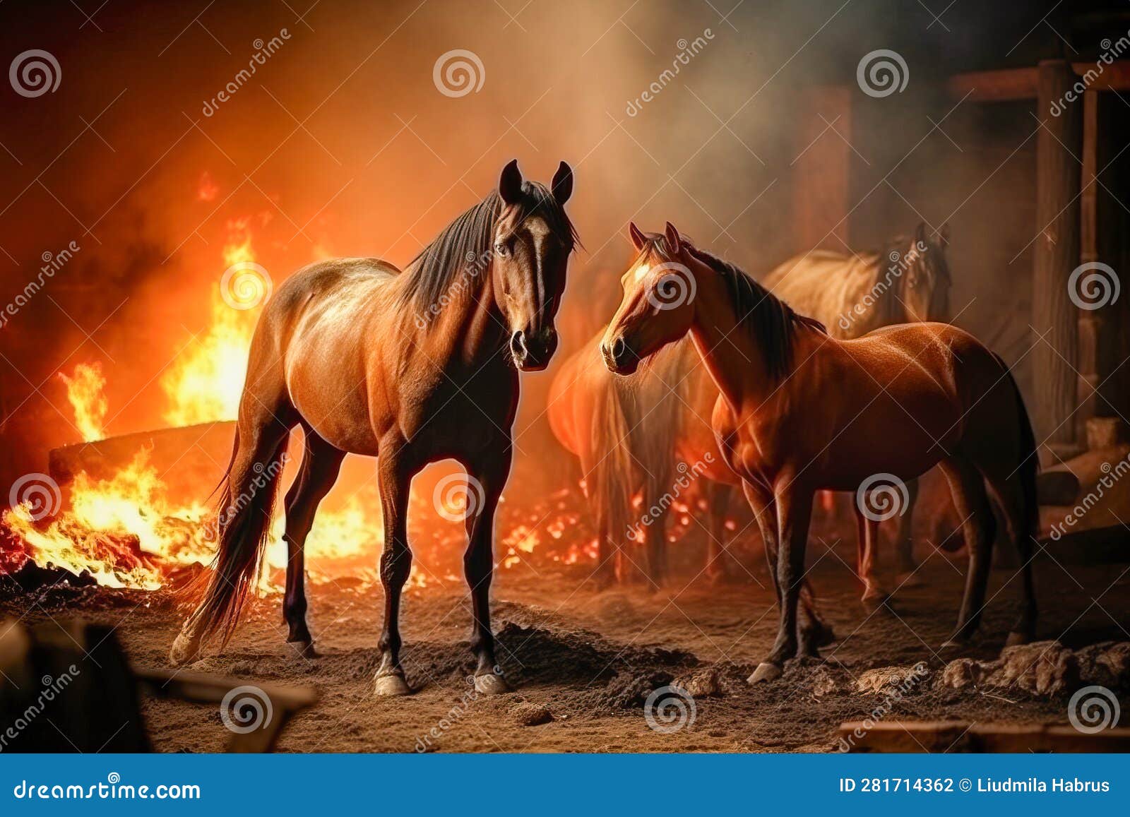 Two Horses Standing in a Stable and Fighting with Fire in the ...