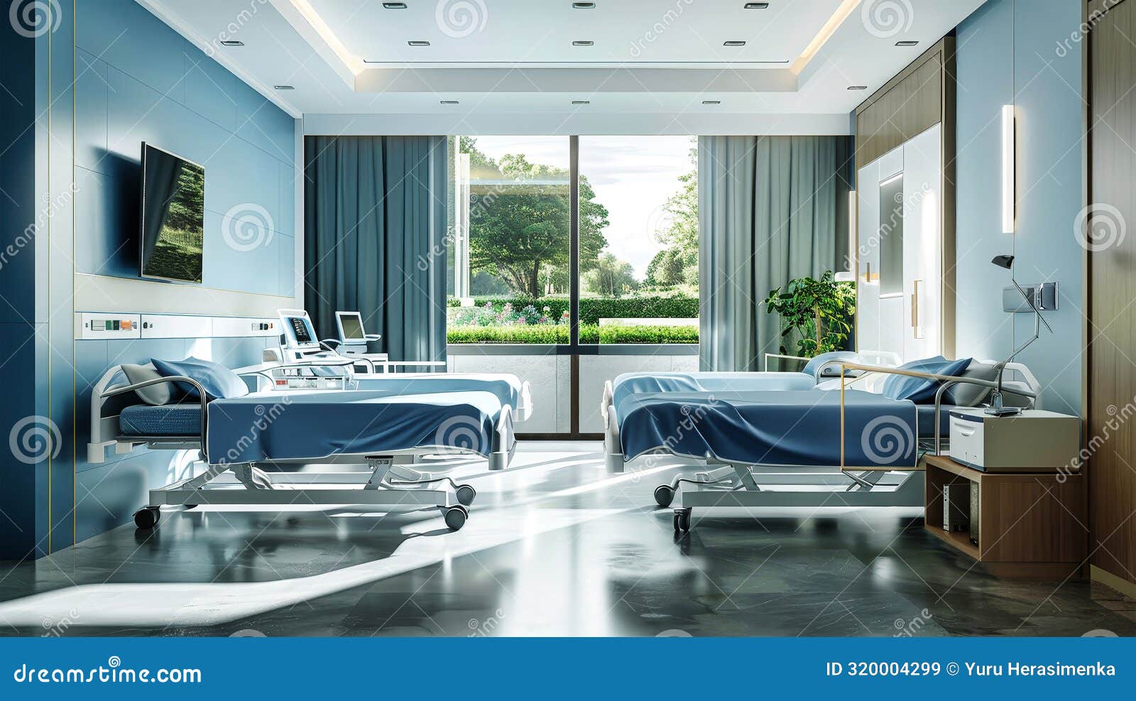 Two Hospital Beds Rest in a Calming Space with Blue Walls Stock ...