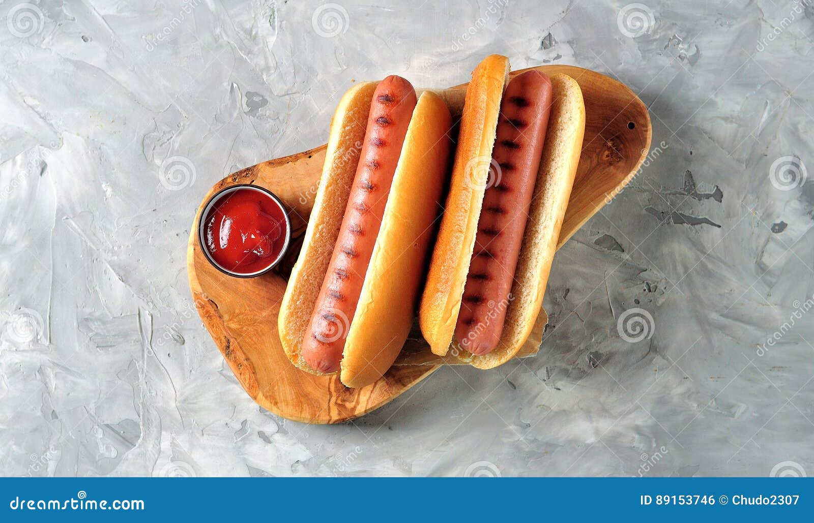Two Hot dogs with ketchup. stock photo. Image of hotdog - 89153746