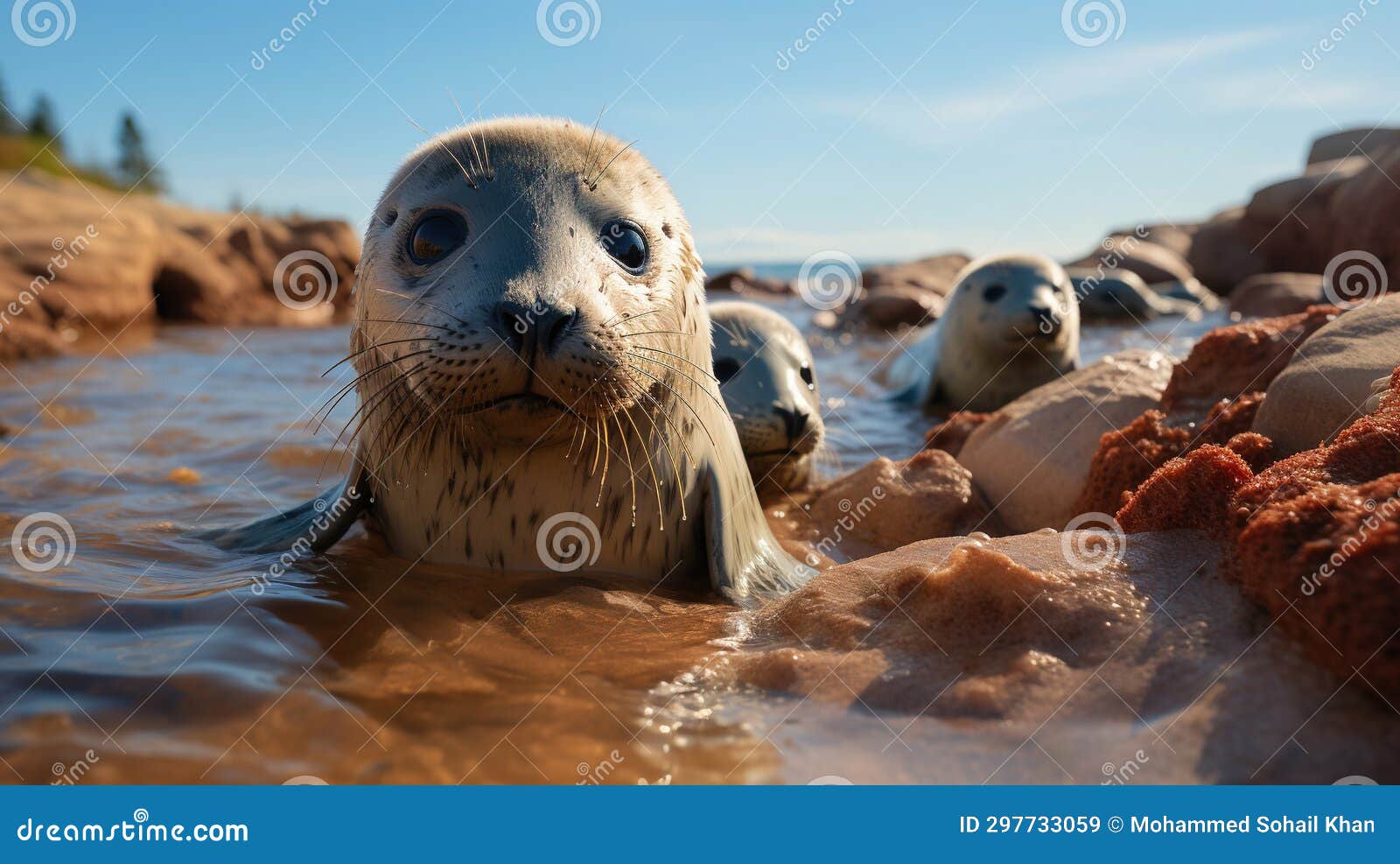 Two Huge and Cute Seal Animals in Ocean Seascape Blurry Background ...