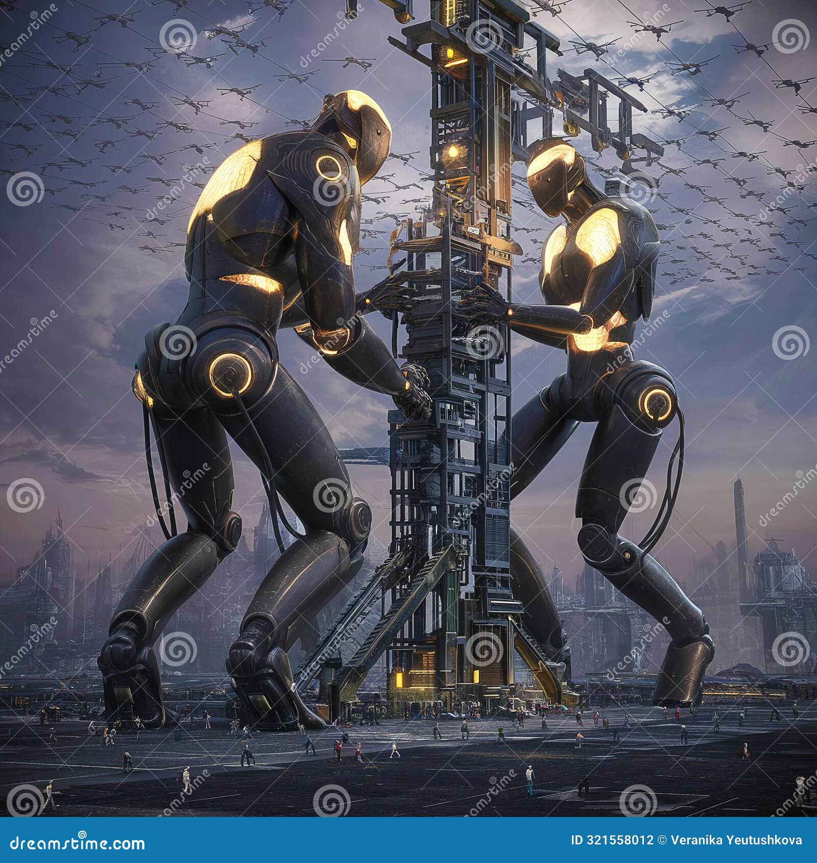Two Huge Robots Building a Tower Stock Photo - Image of robotic ...