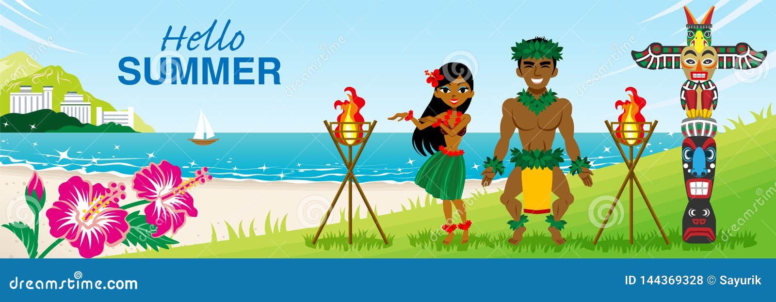 Two Hula Dancers Dancing in the Tropical Beach - Included Words “Hello ...