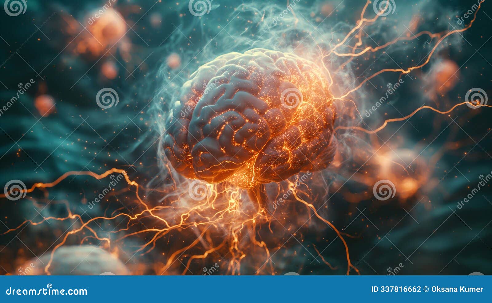 Two Human Brain Hemispheres with Neural Activity, Abstract Scientific Background. Generative AI ...