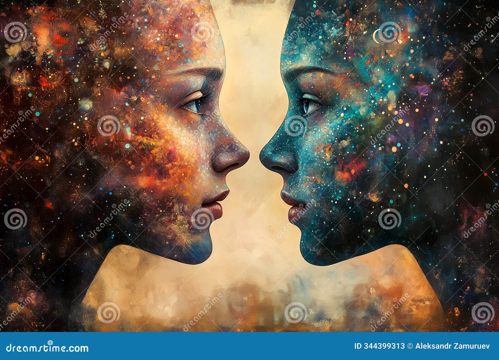 Two Human Faces with Cosmic Patterns Face Each Other, Showcasing ...