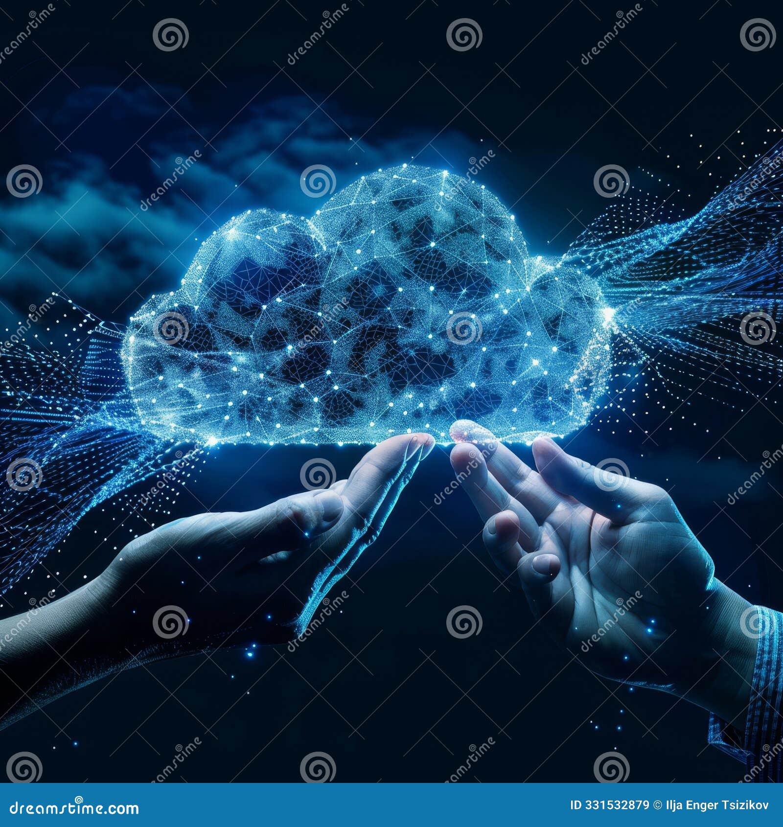 Two Human Hands Cradle a Glowing Cloud of Interconnected Nodes ...