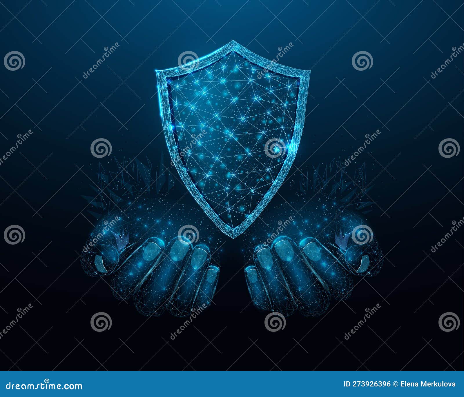 Two Human Hands Hold a Shield. Wireframe Glowing Low Poly Guard. Design ...