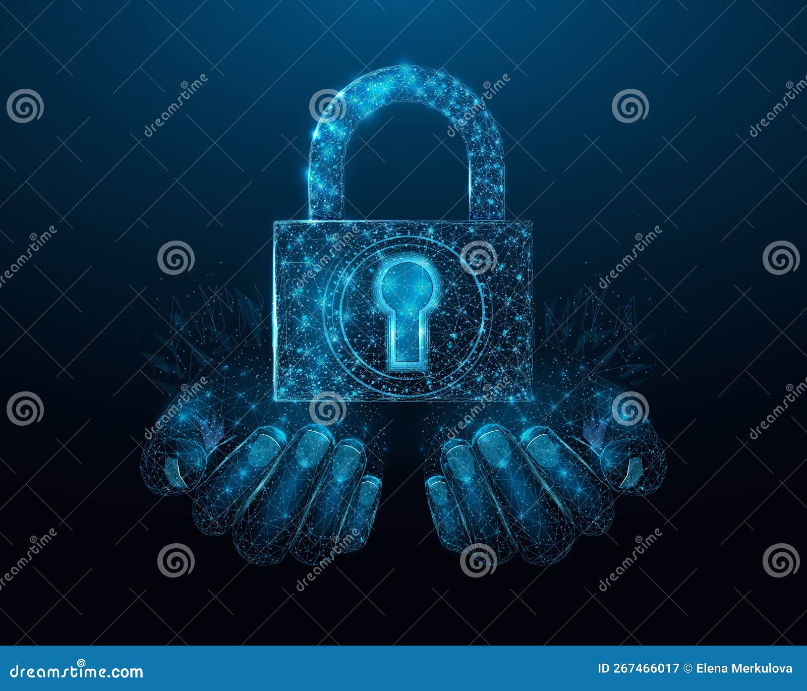 Two Human Hands are Holds Padlock. Wireframe Glowing Low Poly Lock ...