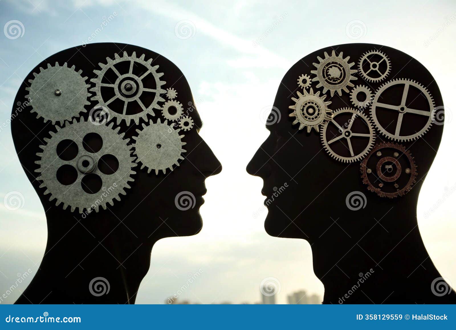 Two Human Head Silhouettes with Cogs and Gears Stock Illustration ...