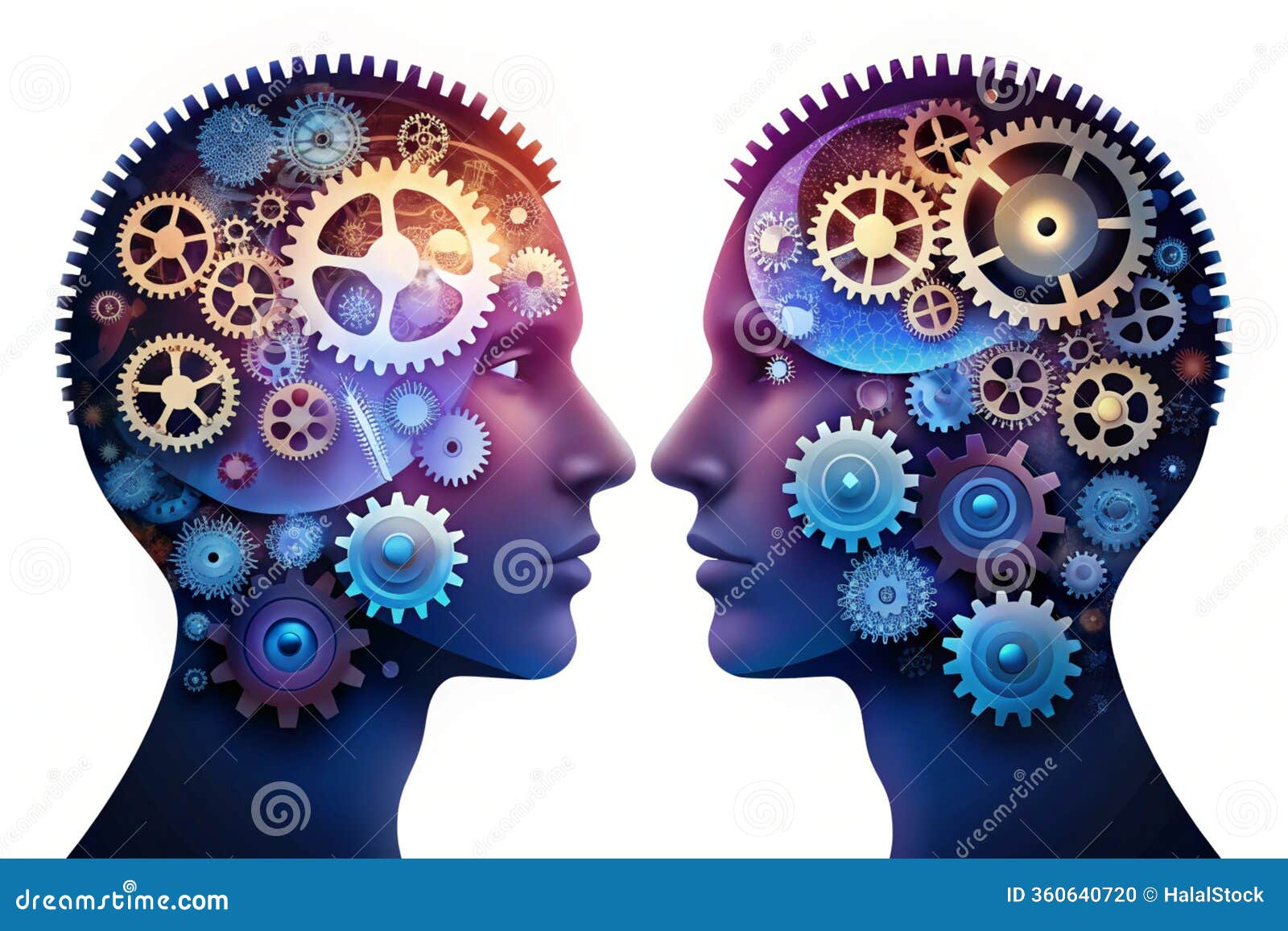 Two Human Head Silhouettes with Cogs and Gears Stock Illustration ...