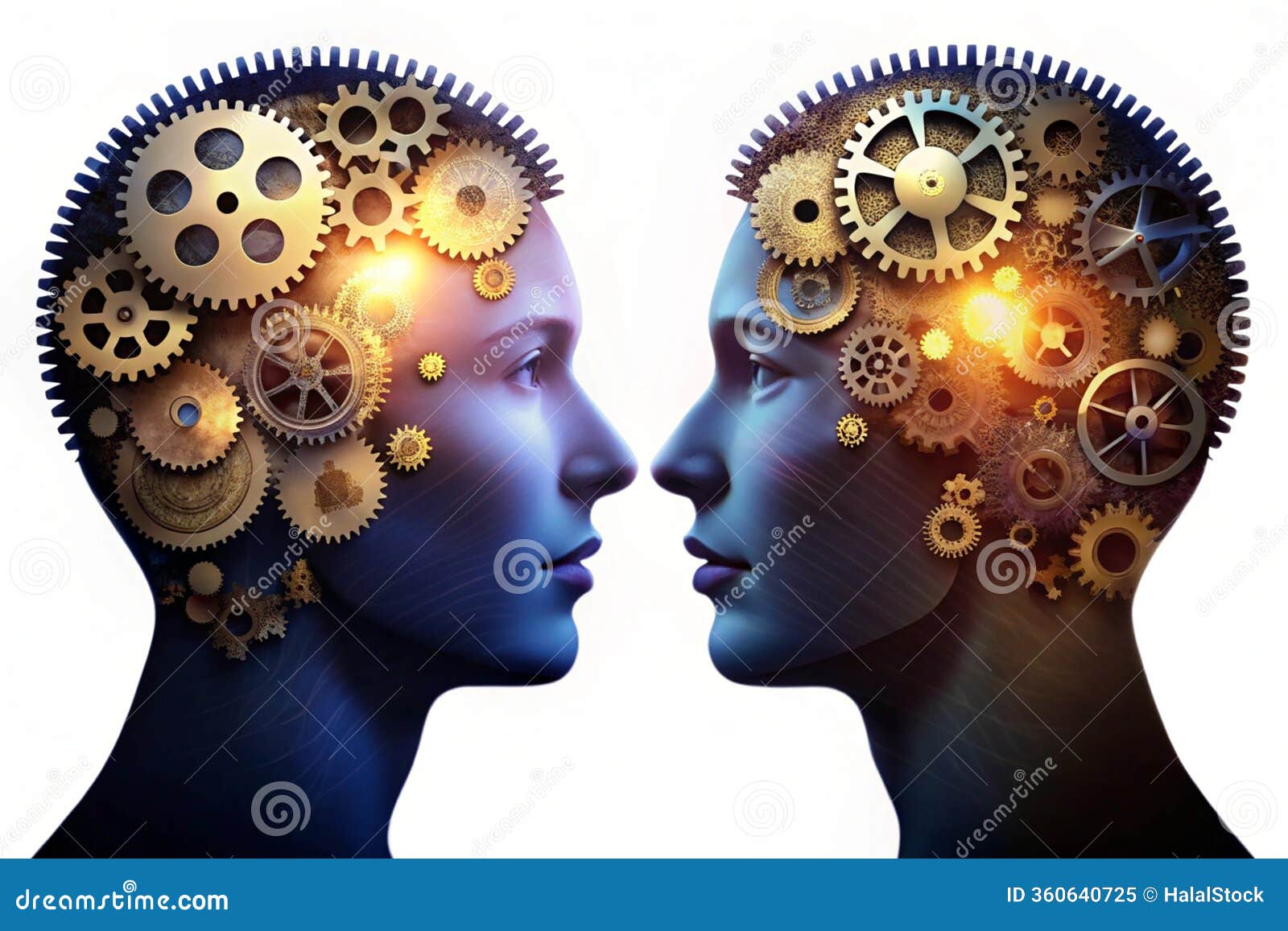 Two Human Head Silhouettes with Cogs and Gears Stock Illustration ...