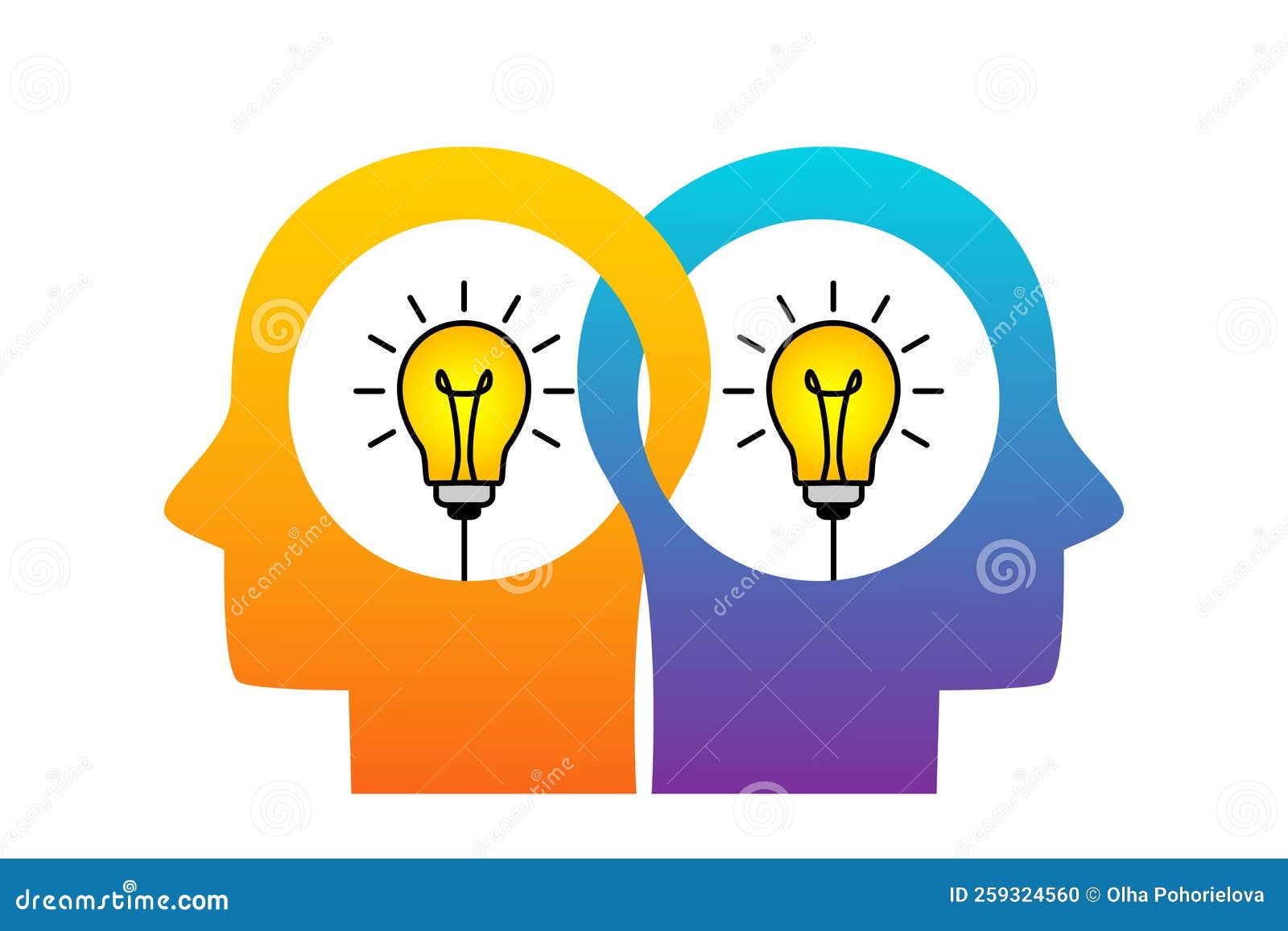 Two Human Heads with a Light Bulb Inside. Concept of Creative Mind and ...