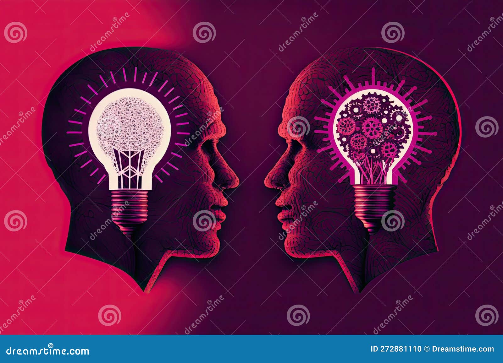 Two Human Heads Made of Gears with Light Bulb Shape on Colorful ...