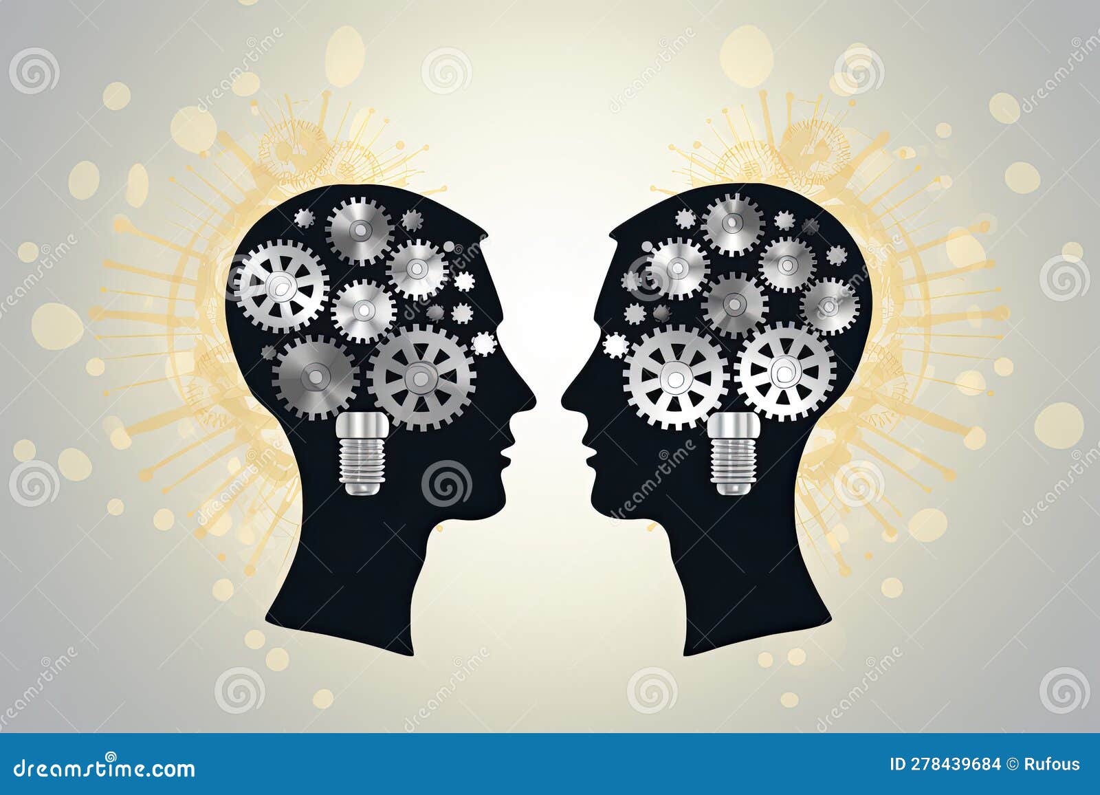 Two Human Heads Made of Gears with Light Bulb Shape Inside Stock ...