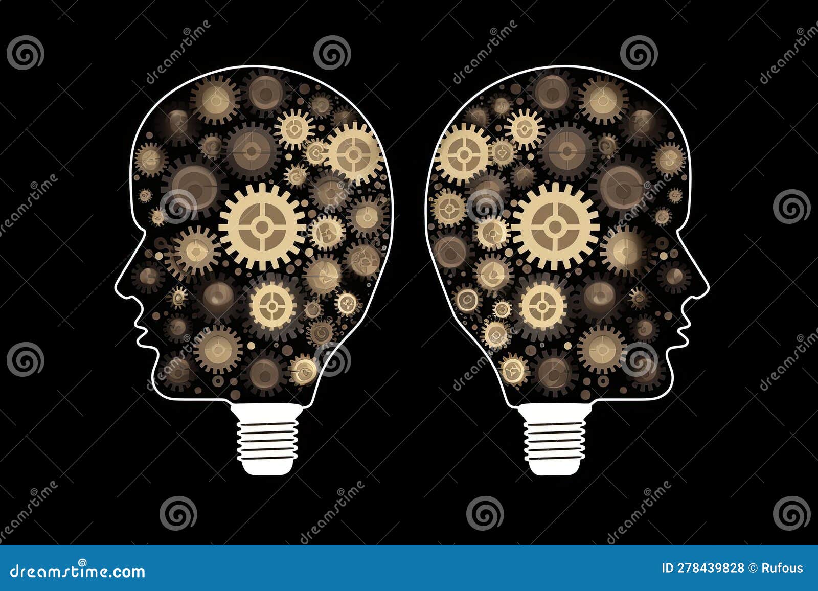 Two Human Heads Made of Gears with Light Bulb Shape Inside Stock ...