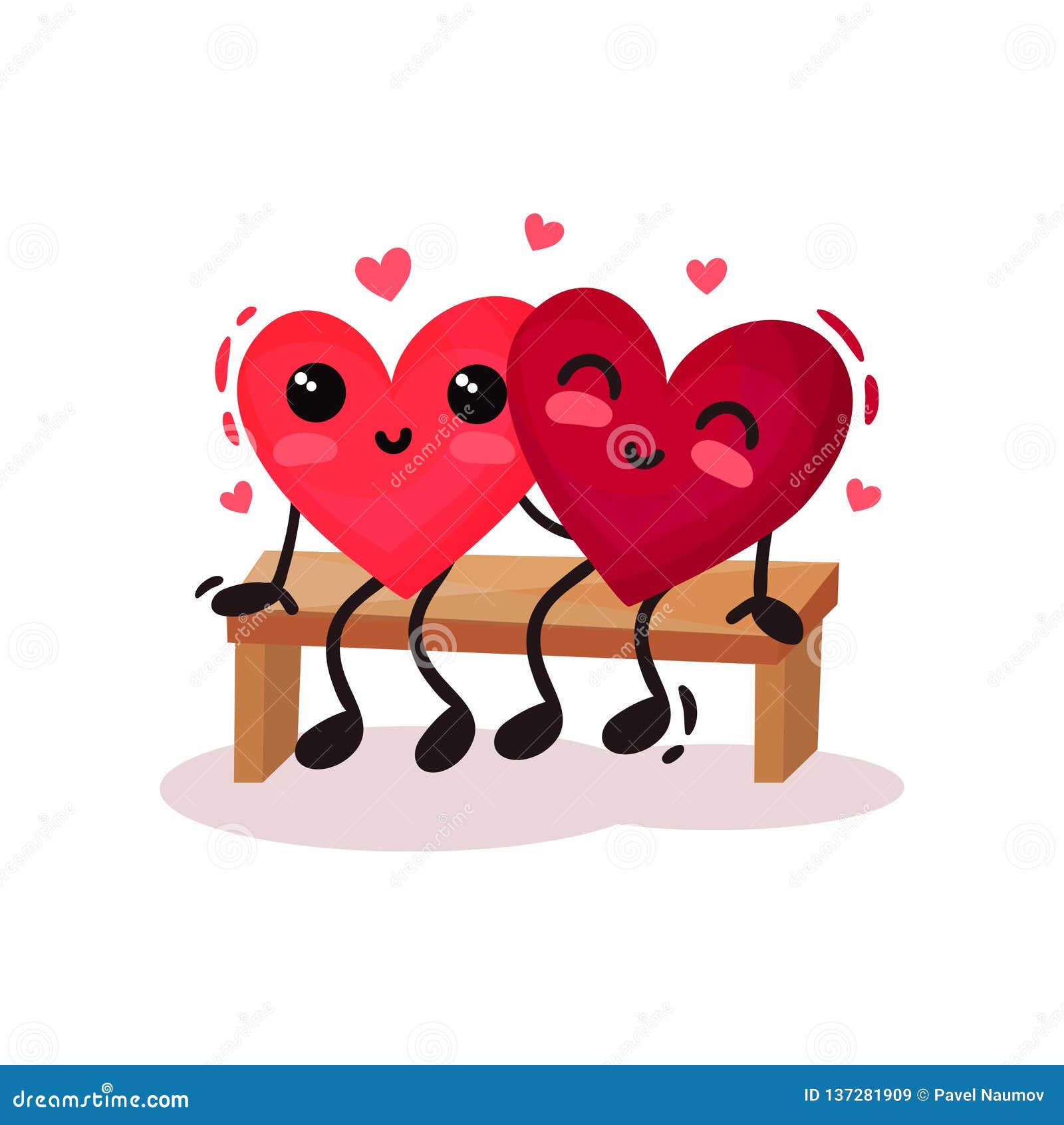 Two Humanized Hearts Sitting On Bench And Hugging Adorable Couple In