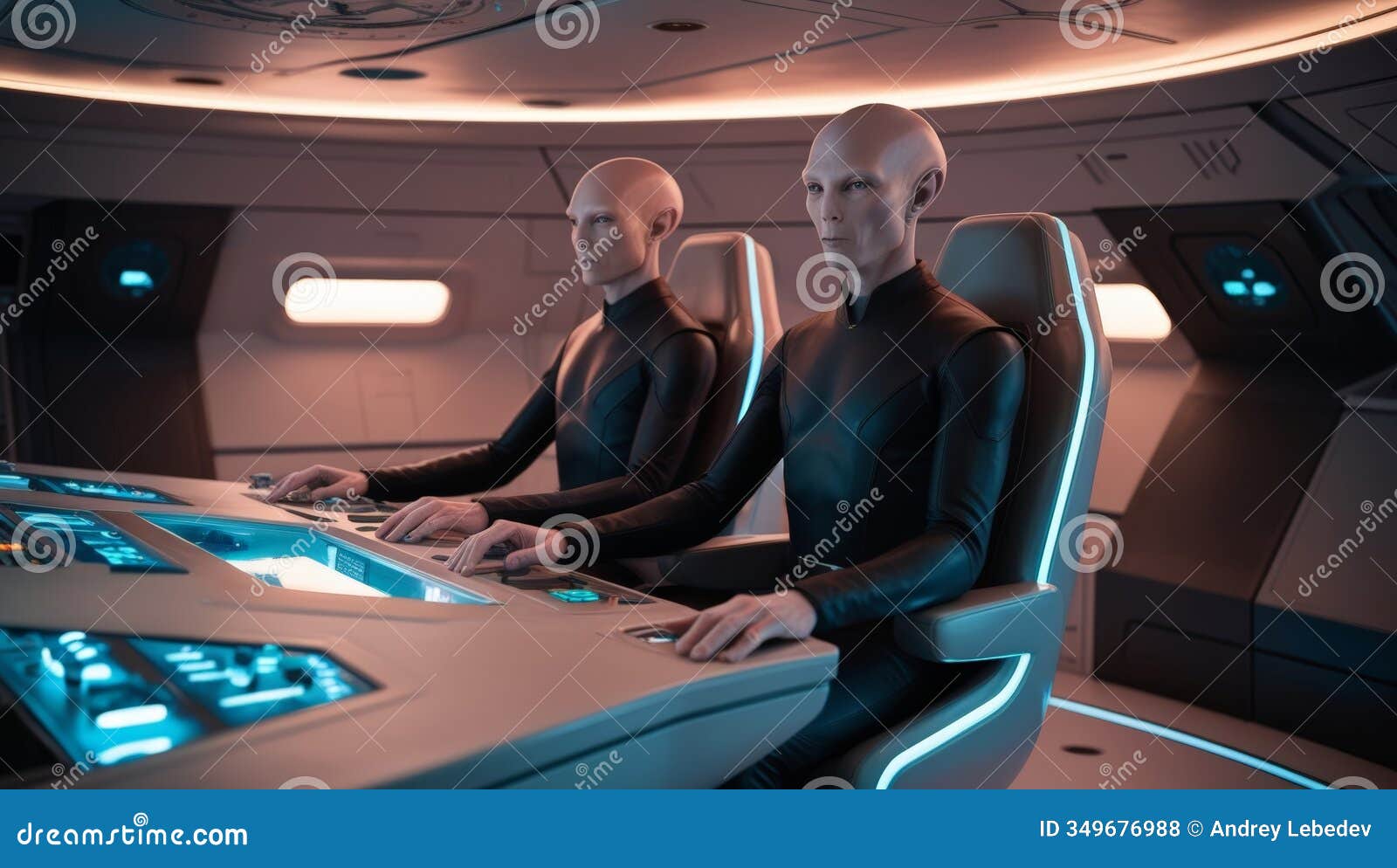 Bald Aliens In Black Suits Piloting An Extraterrestrial Spaceship Stock ...
